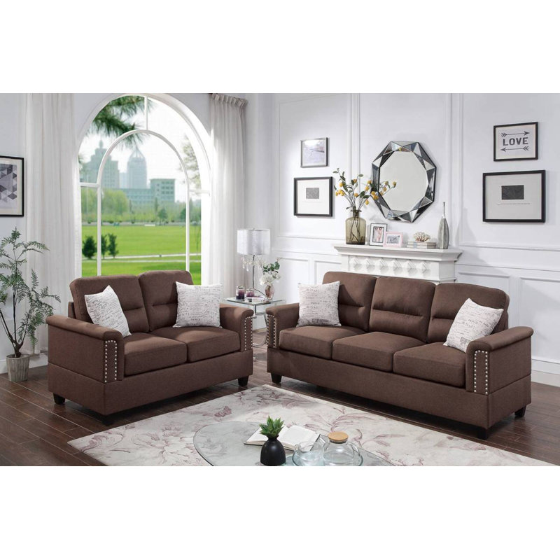 Halen 2 Piece Sofa Set Upholstered in Chocolate Polyfiber with Pillows Included